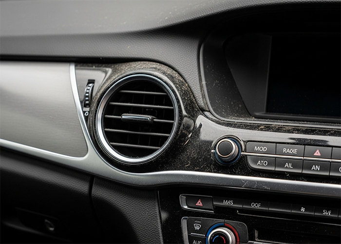 Dust accumulation in car dashboard corners and gaps