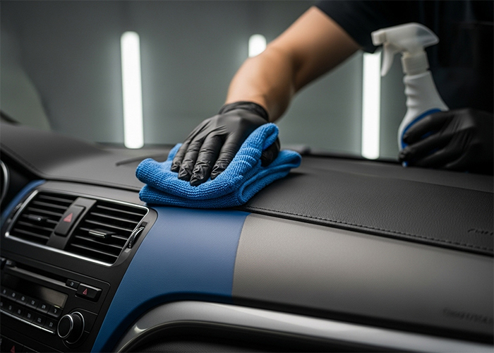 Mechanic gently polishing car dashboard with soft cloth and proper cleaner