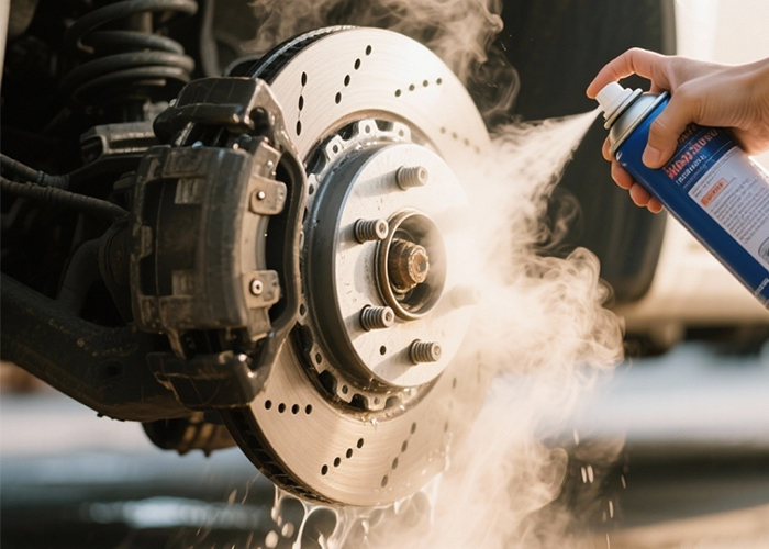 Spraying brake cleaner on hot brake disc causing fumes or fire risk