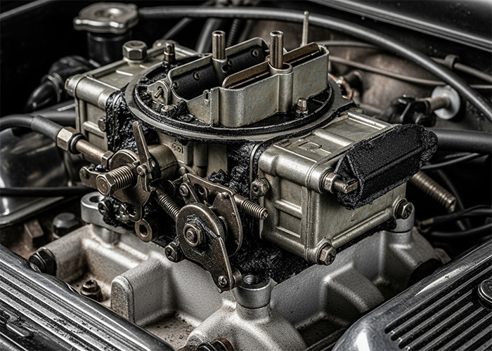 The surface of the carburetor is covered with a thick layer of black carbon deposits, especially around the nozzles and passages, indicating long-term use and a lack of maintenance.