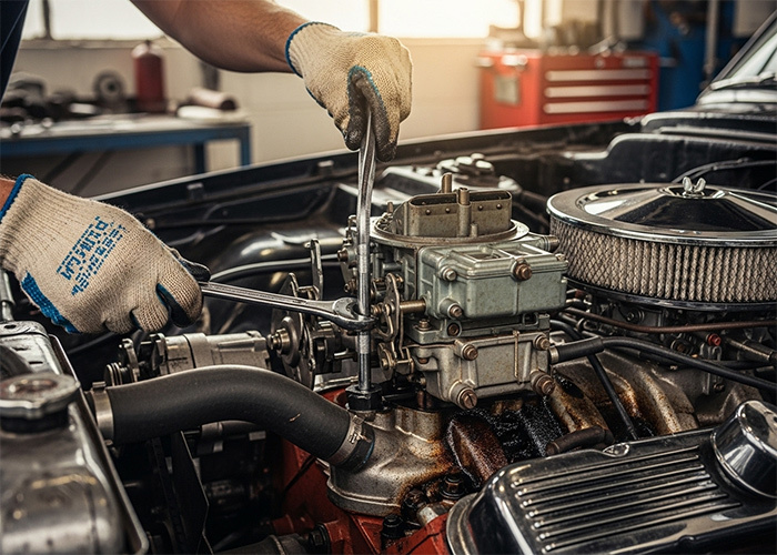 The technician carefully removes the carburetor in a vintage engine compartment using professional tools.