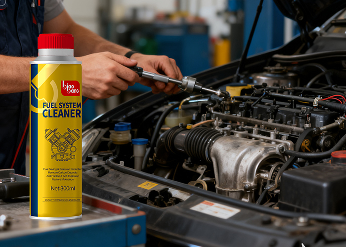Technician holding tools for engine maintenance, fuel system cleaner products