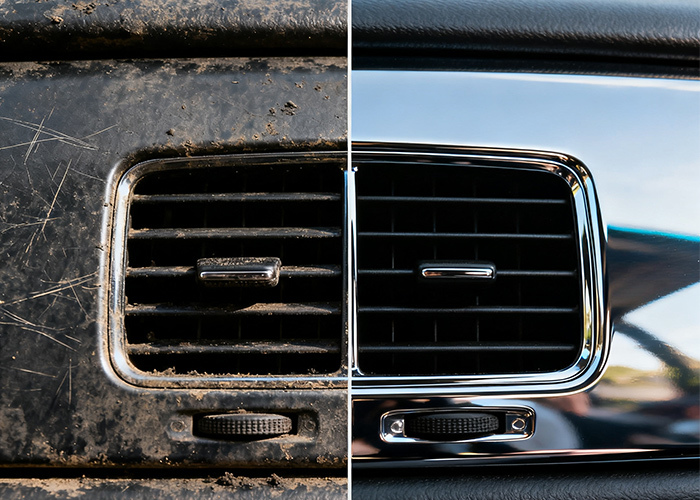 The left side of the car dashboard shows the old and dull dashboard material, and the right side shows the maintained and cleaned dashboard material, forming a clear purification boundary.