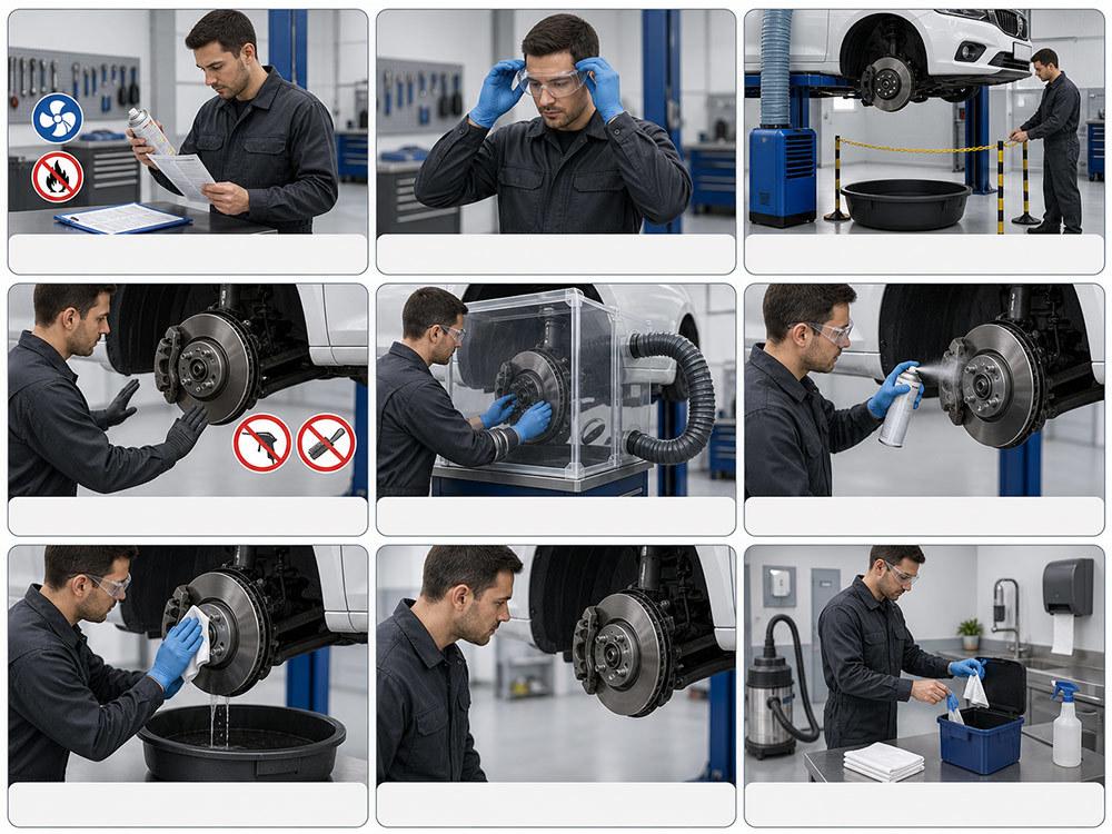 Nine-step workshop process for applying brake cleaner safely and controlling brake dust