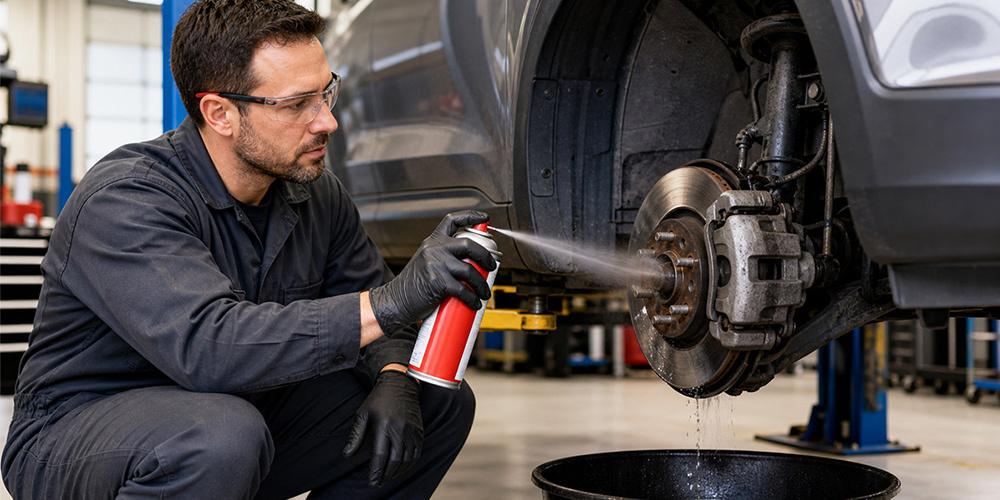 Technician applying brake cleaner to a vehicle brake rotor in a professional workshop