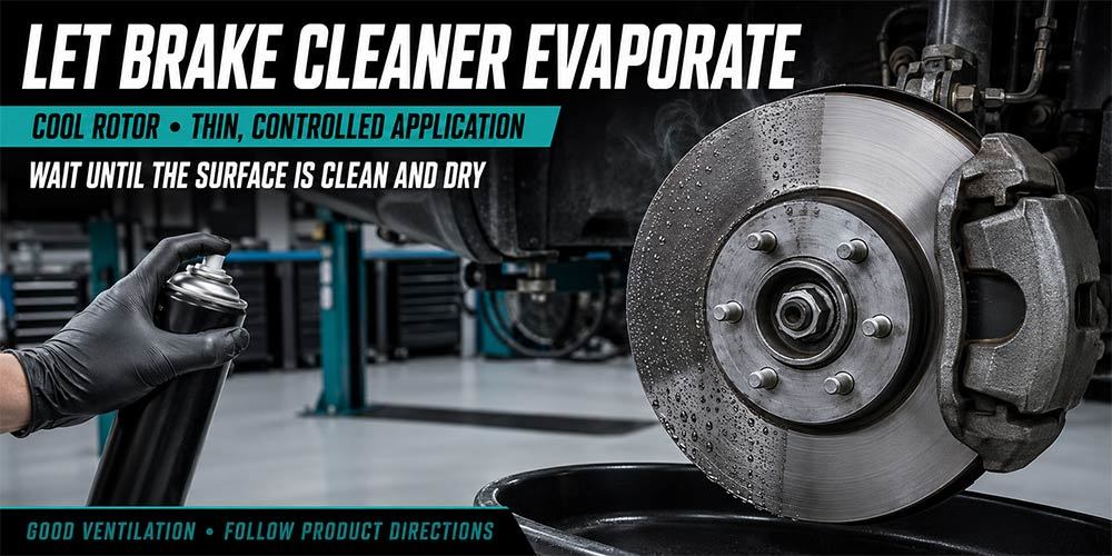 Brake cleaner evaporating from a cool metal brake rotor during workshop maintenance