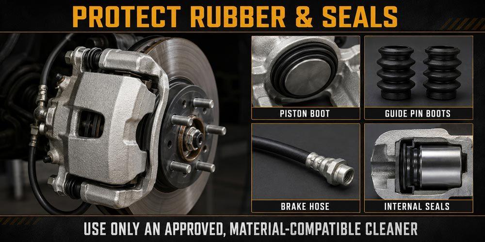 Brake caliper showing rubber piston boot guide pin boots brake hose and seals that should be protected from unapproved brake cleaner