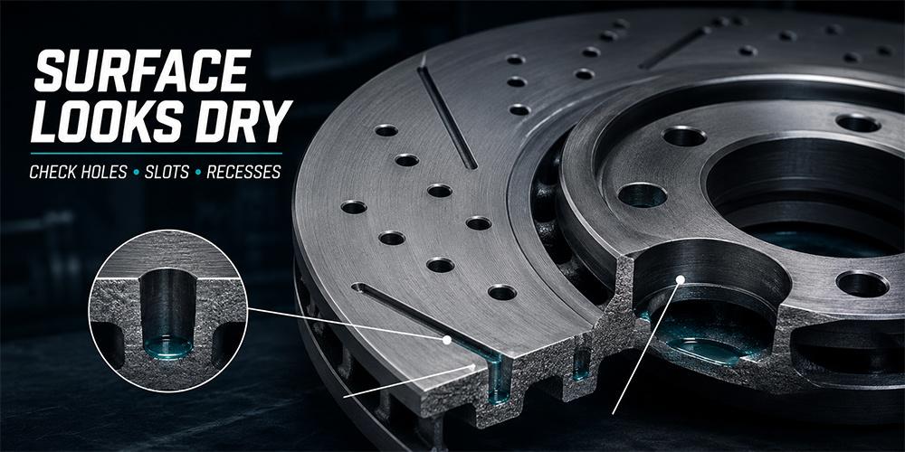 Brake rotor surface that appears dry compared with cleaner trapped in holes, slots, and recessed areas