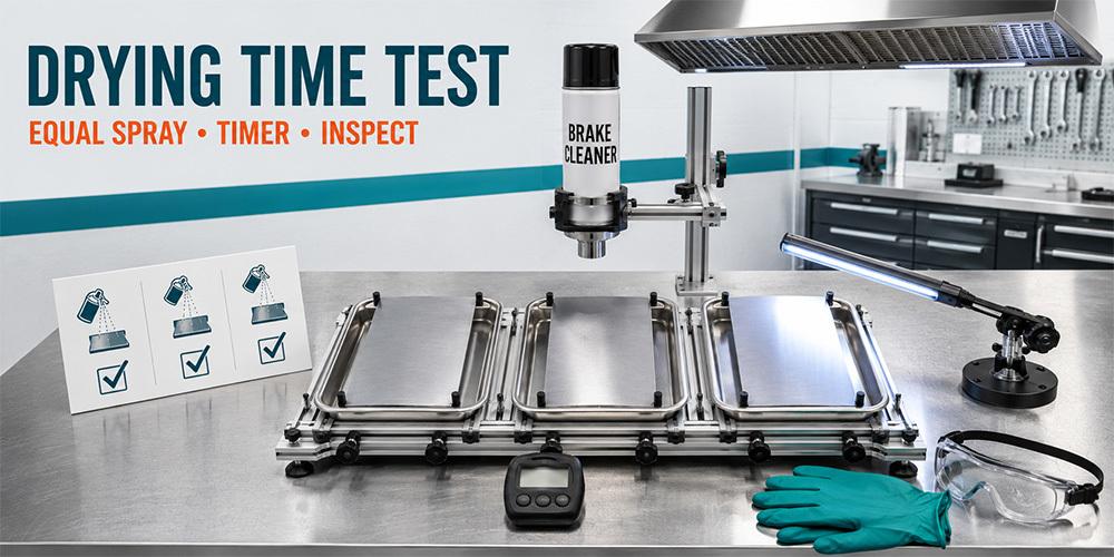 Workshop evaluation of brake cleaner drying time using controlled spray metal test panels timer and inspection light
