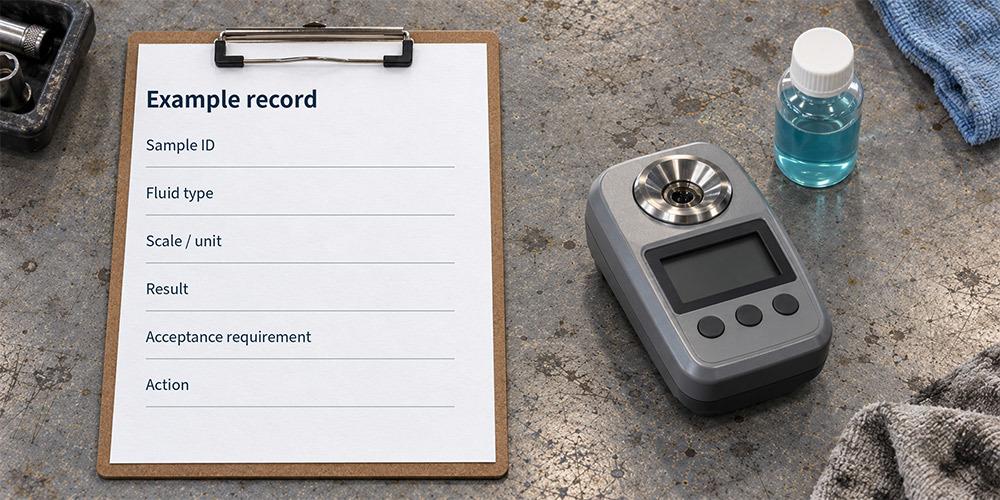 Labeled coolant sample beside an example test record