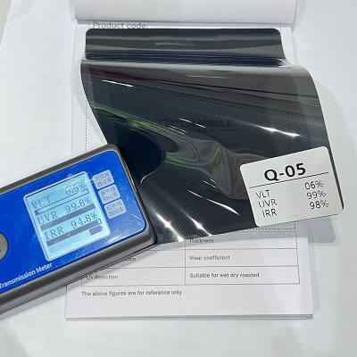 China 06% VLT Ultra Dark Sputter Tint 99% UVR 98% IRR Full Privacy Metallic Solar Film for sale