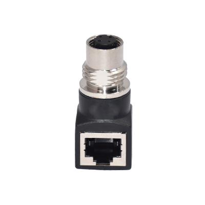 China M12 A Coded Female 90 Degree 4 Pin to RJ45 Waterproof Connector IP67 60V for sale