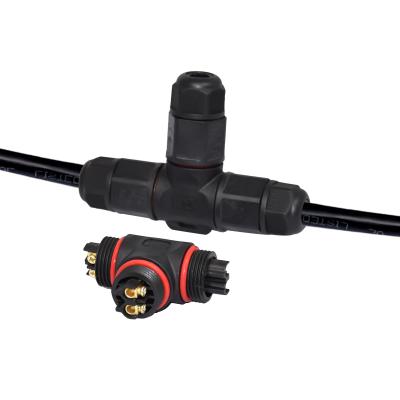 China PA66 PVC LED L20 T Type Waterproof Cable Connector 3 Way 4 Pin IP68 for sale