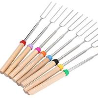 China Sausages 31cm BBQ Roasting Sticks Wooden Handle Telescopic Marshmallow Fork for sale