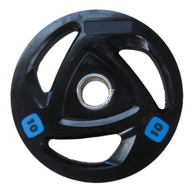 China Rubber Coated Tri Grip Weight Plate 1.25-25KG Cast Iron Gym Dumbbell Barbell Plate for sale