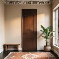 China Warm Walnut Solid Wood Interior Door Natural Veneer Curved Panel Custom Baked Enamel Finish Vintage Home for sale