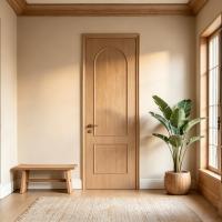 China Curved Recessed Panel 6 Panel Solid Wood Entrance Interior Door Natural Vertical Fluted Light Oak Dark Walnut Easy-Clean for sale