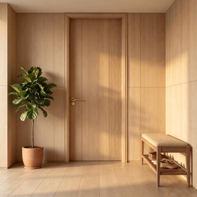 China Organic Modern Solid Wood Bedroom Door Vertical Fluted Raised Panel Wood Slab Silent Lock Noise-Reducing Light Oak Homes for sale