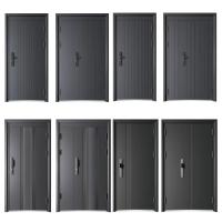 China Ribbed Grid Black Steel Front Door Commercial Metal Door Frame Smart Lock Matte Black Gray Double for sale