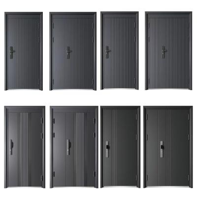 China Ribbed Grid Black Steel Front Door Commercial Metal Door Frame Smart Lock Matte Black Gray Double for sale