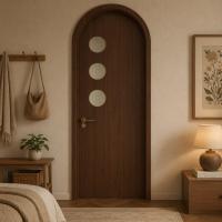 China Custom Size and Thickness Arched Design Solid Wood Interior Door with Three Round Glass for Bedroom, Solid Wooden Door for sale