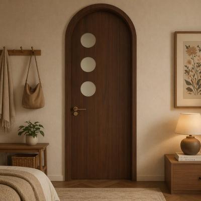 China Custom Size and Thickness Arched Design Solid Wood Interior Door with Three Round Glass for Bedroom, Solid Wooden Door for sale