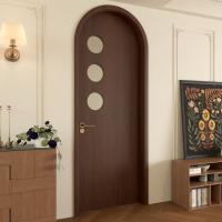 China Custom Size and Thickness Arched Design Solid Wood Interior Door with Three Round Glass for Bedroom, Solid Wooden Door for sale