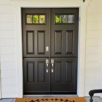 China Rustic Solid Wood Exterior Door with Black Entry Handle for Double Front Entry Villa Main Entrance for sale