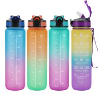 China 32oz Travel Vacuum Tumbler Mug 32 Oz Insulated Plastic Tumbler With Time Marker Straw Strainer for sale
