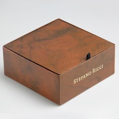 China Luxury Electronic Product Packaging Wood Grain Flip Lid Gift Box With Hand Pulled Ribbon for sale