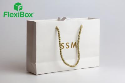 China White Textured Specialty Paper Tote Bag with Gold-Foiled Lettering and Twisted Rope Handles for sale
