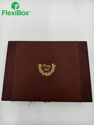 China Custom Brown Flip Top Rigid Box with Gold-Tone Metal Hardware and Custom Flocked Insert for Premium Gift Packaging for sale