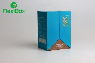 China Dual-Flap Flip-Top Dietary Supplement Gift Box with Blue and Brown Design and Foam Insert for Premium Supplement Packaging Box for sale