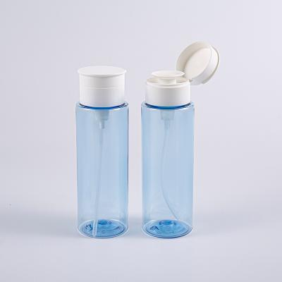 China 200ml Transparent Blue Makeup Remover Bottle with Crystal Clear PET for Cosmetics for sale