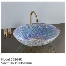 China Unique Design Counter Top Tempered Glass Hand Wash Basin Above Counter Mounted Crystal Colorful Sink Bowl for Bathroom for sale