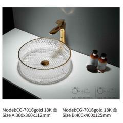 China Crystal Tempered Glass Counter Top Wash Hand Basin with Antique Pattern Diamond Design for sale