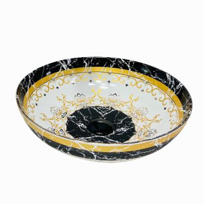 China Round Shape Ceramic Basin Vanity Top Gold Color Vessel Decorative Bathroom Durable Lavatory for sale