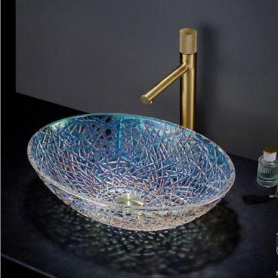 China 2025 Newest Design Colorful Round Tempered Glass Wash Basin Above Small Crystal Sink for sale