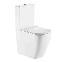 China Rectangular Bowl Rimless Close Coupled WC Toilet Pan Two Piece Toilet Bowl with Soft Close Seat Cover and Thin Tank Cover for Russia Market for sale