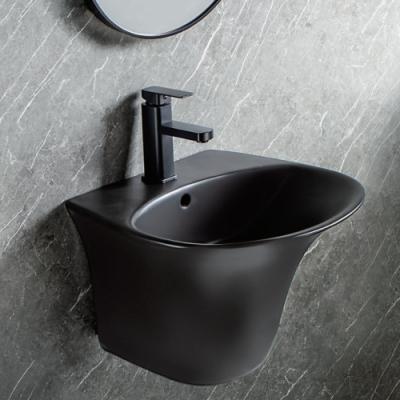 China Rectangular Semi Recessed Ceramic Wall Hung Wash Basin Luxury Color Matte Black Basin SASO Bathroom Sink for sale