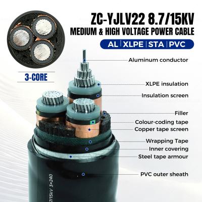 China Lightweight Aluminum Cable 3 Core 35mm² YJLV22 8.7/10kV Armored XLPE for sale