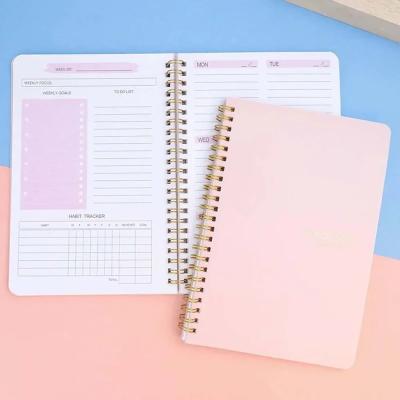 China Hot Sale A5 Weekly Monthly Spiral Organizer Agenda Planner Notebook 52 Weeks Schedule with Transparent PP Leather Cover Material for sale
