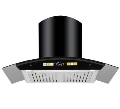 China Stainless Steel Glass Arc Chimney Hood Electric Kitchen Range Hood with Low Noise Function App Controlled for sale