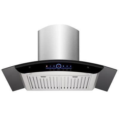 China Stainless Steel Glass Arc Chimney Hood Low Noise Electric Kitchen Range Hood for sale