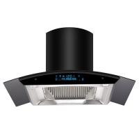 China Stainless Steel Glass Arc Chimney Hood Low Noise Kitchen Range Hood with Free Spare Parts for sale