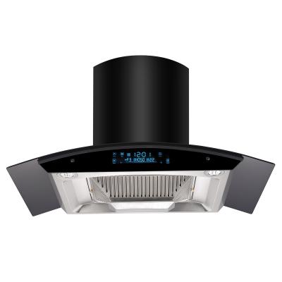 China Stainless Steel Glass Arc Chimney Hood Low Noise Kitchen Range Hood with Free Spare Parts for sale