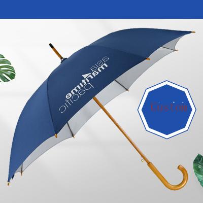 China Bar Wood Handle Advertising Umbrella with Silver Tape and Logo Printing All in 1 Function for sale