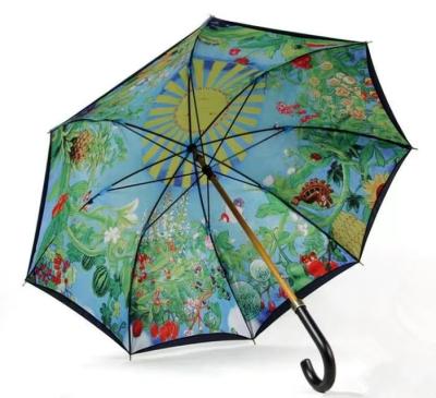 China Minimalist Design Style Printed Double Umbrella with Wooden Shaft and Hook Handle for sale