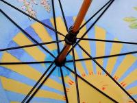China Minimalist Design Style Printed Double Umbrella with Wooden Shaft and Hook Handle for sale