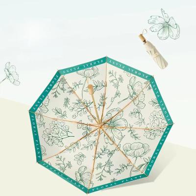 China Classic Style Chinese Flower Printing Wooden Handle 3 Fold Umbrella for Wedding Decor for sale